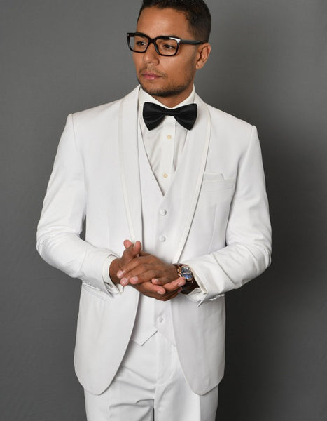 40 Mens One Button Satin Trim Shawl Tuxedo in White Wool