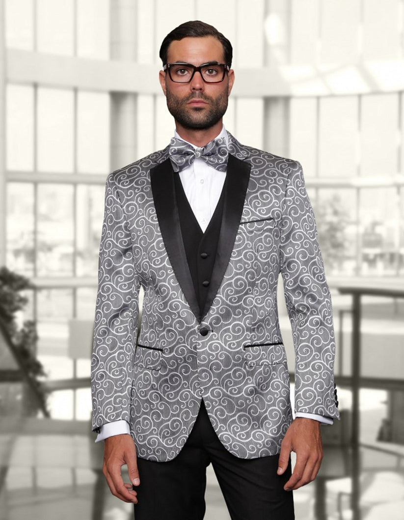 34 Mens Swirl Paisley Prom Tuxedo in Silver Grey & Black